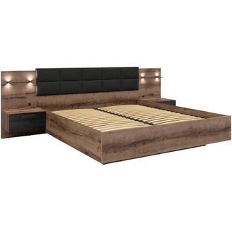 PEGANE Lit coffre 180x200 + 2 tables de chevet avec &eacute;clairage LED avec sommier et rangement coloris Ch&ecirc;ne marron fonc&eacute;/Ch&ecirc;ne noir - Longueur 206 x