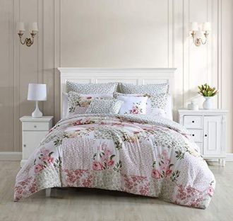 Laura Ashley Home - King Comforter Set, Reversible Cotton Bedding, Includes Matching Shams with Bonus Euro Shams & Throw Pillows (Ailyn Pink, King)