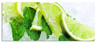 Pixxprint Glasbild Panorama, Wandbild aus Echtglas, Limetten und Minze im Eis, 120x50 cm, inkl. Aufh&auml;ngung und Abstandshalter