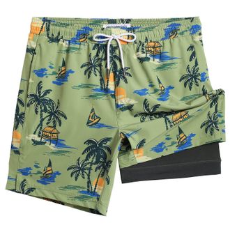 Maamgic 2 in 1 Badehose f&uuml;r Herren mit Kompression Innenhose | 7 Schnelltrocknend Badeshorts M&auml;nner 4 Way Stretch Boardshorts mit Rei&szlig;verschlusstasche Verstel