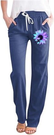 Generic Pantalon en coton et lin pour femme - Jambe large - Pantalon de plage d&eacute;t&eacute; pour femme - Confortable - Pantalon de yoga Palazzo XIYU26090, bleu marine,