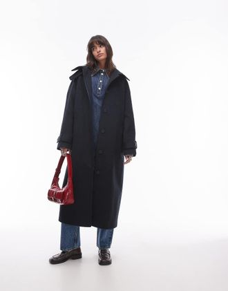 Topshop Car-Coat aus Twill in Marineblau mit Bindeg&uuml;rtel und Laschendetail