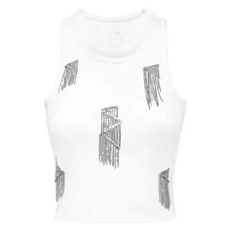 Philipp Plein Femme, Tops, Blanc, Taille: 46 FR D&eacute;bardeur &agrave; C&ocirc;tes Jersey avec Franges