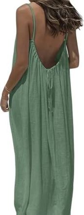 Generic Robe caraco dos nu de couleur unie pour femme, robe longue &agrave; bretelles spaghetti, robe d&eacute;t&eacute; longue avec noeud dans le dos, pour les vacances &agrave; la plag