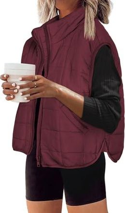 Zeagoo Gilet court matelass&eacute; sans manches pour femme - Veste mi-saison - Automne - L&eacute;ger - Chaud - Veste dhiver avec poches, Bordeaux, S