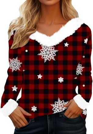 Generic Pulls de No&euml;l pour femmes avec bordure en fausse fourrure, imprim&eacute; carreaux flocons de neige, col en V, manches longues, sweat-shirt &agrave; capuche origina
