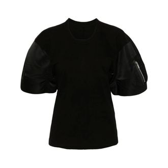 sacai Femme, Tops, Noir, Taille: 42 FR T-shirt Noir en Coton à Panneaux