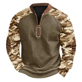 Generic Pull à col rond pour homme - Imprimé - Col zippé - Manches longues - Pull dhiver à coupe ajustée, camouflage, XL