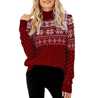 Onsoyours Pull de No&euml;l pour Femme Haut en Tricot &agrave; Manches Longues avec Col Roul&eacute; Renne Flocons de Neige Bonhomme de Neige Xmas Chandail Pull D Rouge S