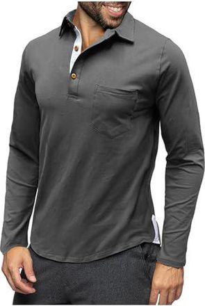 Generic Polo pour homme - Printemps - Col rond - Couleur unie - Manches longues - Poche - Haut bas, gris fonc&eacute;, XXL