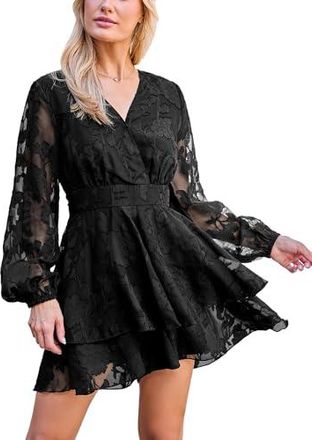 Cupshe Combinaison pour femme en dentelle avec col en V et manches longues - Mini robe &agrave; ourlet &agrave; volants - Barboteuse pour cocktail et f&ecirc;te, Noir, L