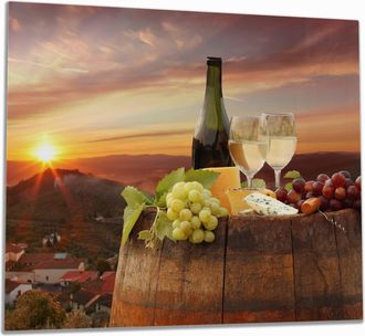 Wallario Herdabdeckplatte/Spritzschutz aus Glas, 1-teilig, 60x52cm, f&uuml;r Ceran- und Induktionsherde, Wein Romantik - Wei&szlig;wein mit K&auml;se auf einem Fass