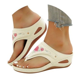 Generic Pantoufles orthop&eacute;diques compens&eacute;es pour femme 2026 &agrave; plateforme en cuir &agrave; fleurs - Sandales d&eacute;t&eacute; habill&eacute;es pour femme - Soutien de la vo&ucirc;te plantaire