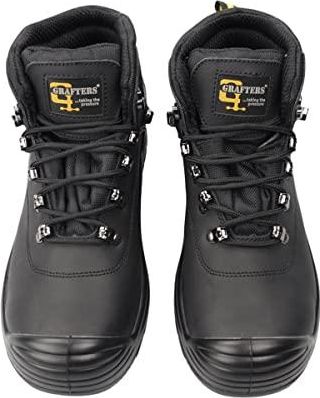 Grafters MENS GRAFTERS BLACK LEATHER WATERPROOF WIDE FIT LACE UP SAFETY BOOTS M9508A KD-UK 9 (EU 43)