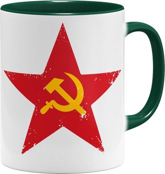 OM3 Soviet-Star Kaffee-Tasse mit Hammer und Sichel Symbol - Roter Stern - Retro Design - Keramik Becher - 325ml - Beidseitig Bedruckt - Grün