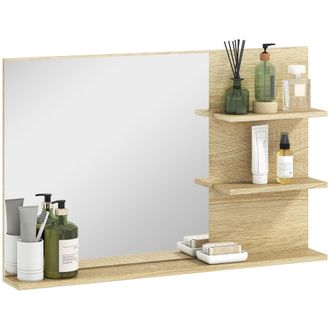 Kleankin Moderner Badspiegel mit 2 Seitenablagen und unterer Ablage, Wandspiegel aus MDF und Glas, 75x10x48 cm, Holzfarbe