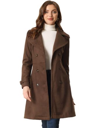 Allegra K Damen-Trenchcoat aus Wildlederimitat, klassisch, f&uuml;r Herbst und Winter, zweireihiger Mantel, Kaffee, XS