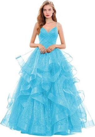 Generic Robe de bal en tulle pailleté avec col en V et bretelles spaghetti, robe de demoiselle dhonneur, robe de soirée formelle longue à étages, bleu ciel, 2