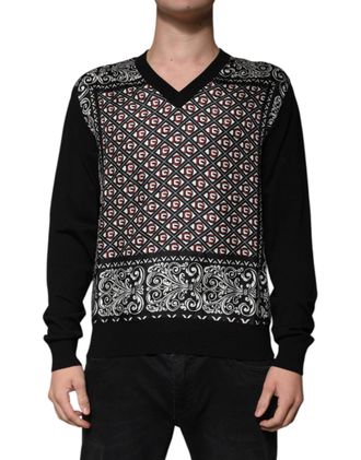 Dolce & Gabbana Mens Logo-Patterned Wool And Silk Sweater Black Virgin