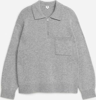 Arket Gestricktes Polohemd Aus Wolle Mit Rei&szlig;verschluss -Grau