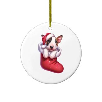 Generic Hunde Mit Weihnachtsm&uuml;tze | Strumpf Bullterrier Ornamente Weihnachten Kreisdekor Keramik Ornament Weihnachtsbaumh&auml;nger F&uuml;r Fenster Auto Deko 7.3Cm