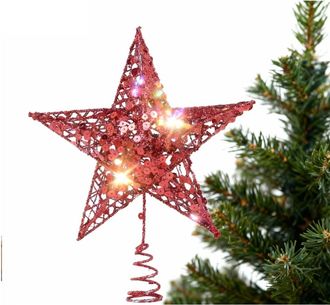 Cabilock Weihnachtsbaumspitze Rot Stern - 15cm Christbaumspitze aus Metall Glitzer, Bruchsichere Baumspitze f&uuml;r Weihnachtsbaum, Kleine Tannenbaumspitze, Rote W