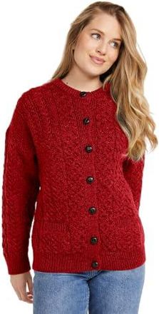 Aran Woollen Mills Achill Island Aran Cardigan pour femme, 100 % laine m&eacute;rinos, cardigan tricot&eacute; irlandais authentique, fabriqu&eacute; en Irlande, Rouge riche., Taille M