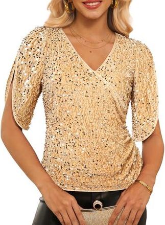 Grace Karin Haut scintillant à manches mi-longues et col en V à paillettes pour femme, chemisiers de fête en velours pour Noël, sortir, nuit, champagne, XL