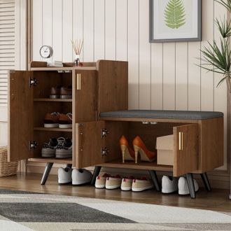 STILVORA Meuble &agrave; Chaussures avec 4 Portes et Assise Rembourr&eacute;e, Poign&eacute;es M&eacute;tal, Style Moderne, en Panneaux de Particules, 120&times;34&times;82 cm, Naturel