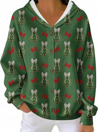 Generic Cardigan de Noël à capuche boutonné pour femme - Haut de Noël amusant - Imprimé de Noël - Veste à capuche surdimensionnée - Vêtements de sport - Costu