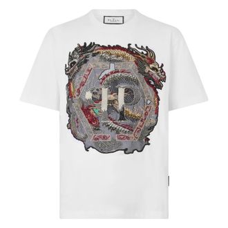 Philipp Plein Homme, Tops, Blanc, Taille: 3XL T-Shirt Col Rond Dragon
