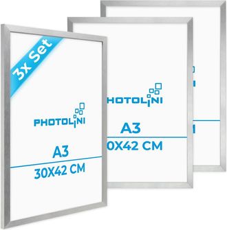 Photolini Bilderrahmen A3 Holz MDF Silber, 3er Set A3 Bilderrahmen 30x42 Holz MDF, DIN A 3 Rahmen mit Acrylglas, Picture Frame 42x30 zum Aufhängen, Rahmen 42 x 