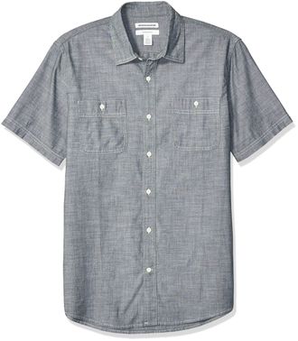 Amazon Essentials Herren Chambray-Hemd mit kurzen Ärmeln in normaler Passform, Grau, XXL