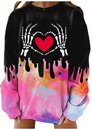 Generic Sweat-shirt imprim&eacute; tie-dye Top dames cou Halloween rond ample sweats &agrave; capuche pour femmes sweatshirts, rose vif, XL