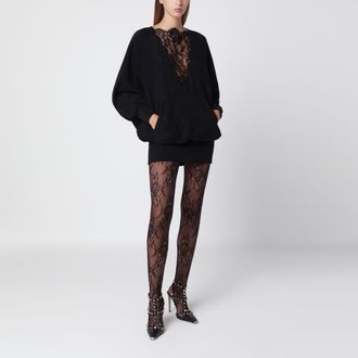 Valentino Schwarzes Minikleid im Sweatshirt-Stil mit Spitzeneins&auml;tzen