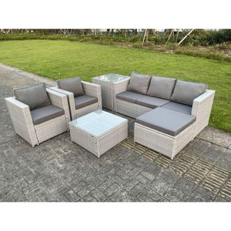 Fimous Polyrattan Gartenm&ouml;bel Set 6-Sitzer Rattan Sofa Set mit 3-Sitzer Sofa 2 Sessel Beistelltisch Quadrat Couchtisch Gro&szlig;er Fu&szlig;hocker Helles Grau - Fimous