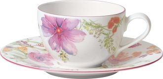 Villeroy & Boch Mariefleur Basic Kaffeetasse mit Untertasse, 250 ml, Kaffee-Set mit floralem Blumen-Dekor, Premium Porzellan