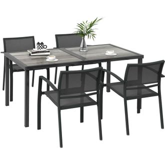 OUTSUNNY 5 tlg. Sitzgruppe Gartenm&ouml;bel-Set, Gartengarnitur mit 1 Esstisch, 4 stapelbaren St&uuml;hlen, Sitzgarnitur, f&uuml;r Terrasse, Mesh, Dunkelgrau