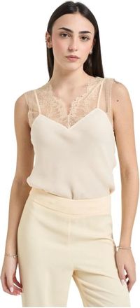 Patrizia Pepe Femme, Blouses et Chemises, Beige, Taille: 38 FR Top avec Bordure en Dentelle