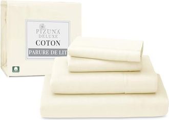 Pizuna 100% Coton Parure de Lit 180x200 cm Nouveau Ivoire, Tissu de Satin de Coton &agrave; 600 Fils au Pouce carr&eacute; Comprend 1 Drap Housse, 1 Drap Plat, 2 Taie dore