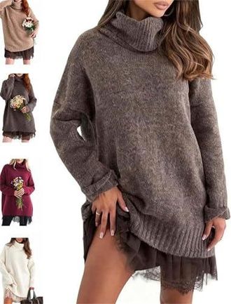 Generic Ensemble mini robe pull à col roulé pour femme, ensemble de 2 pièces pour femme, tenue dhiver avec dentelle élégante, marron, XXL