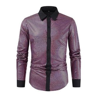 Generic Chemise &agrave; paillettes &agrave; manches longues pour homme - Costume de f&ecirc;te disco des ann&eacute;es 70 - Boutonn&eacute; - Tenue disco - Chemises &agrave; paillettes - Carnaval - 