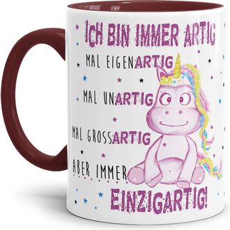Tassendruck Einhorn-Tasse mit Spruch Immer Einzigartig - Unicorn/Geschenk-Idee/Freunde/Sterne/Innen & Henkel Weinrot