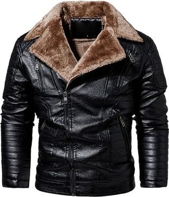 Generic Veste de moto en cuir polaire avec col en fourrure pour homme - Manteau Sherpa doubl&eacute; en polyur&eacute;thane, Noir/blanc, L