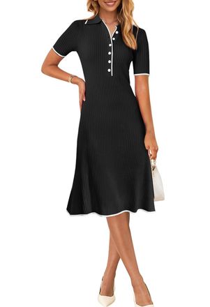 Merokeety Damen Midikleid mit V-Ausschnitt, gerippt, kurz&auml;rmelig, Knopfleiste, elegant, figurbetont, Pulloverkleider, Schwarz, Mittel