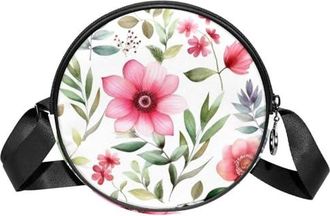 Generic Petit sac &agrave; bandouli&egrave;re circulaire pour femme, motif feuilles florales, sac &agrave; dos avec fermeture &eacute;clair, bretelles r&eacute;glables, sac &agrave; main rond d&eacute;contra