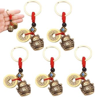Generic Porte-cl&eacute;s chat porte-bonheur japonais avec pi&egrave;ces de monnaie Feng Shui, breloques chats porte-bonheur Maneki Neko en laiton, 5 pi&egrave;ces, taille unique