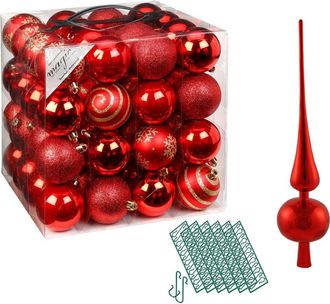 JACK 64x Kunststoff Christbaumkugeln Ø 6cm + Spitze 28cm inkl. Aufhänger Dekor Kugeln Set Weiß Rot Gold Grün Blau Silber, Farbe:Red-Mix