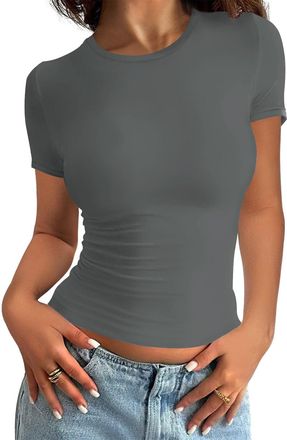 Minetom Damen T-Shirt Hoher Elastizit&auml;t Doppelt Gef&uuml;ttert Basic Rundhals Kurzarm Slim Fit Tshirt Sommer Oberteile Atmungsaktiv Y2K Top Double Lined Stretch En