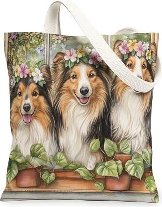 Generic Sac fourre-tout en toile motif chien de berger des Shetland printaniers 33 x 38,1 cm, sac d&eacute;picerie r&eacute;utilisable avec fen&ecirc;tre pour femme, peinture est
